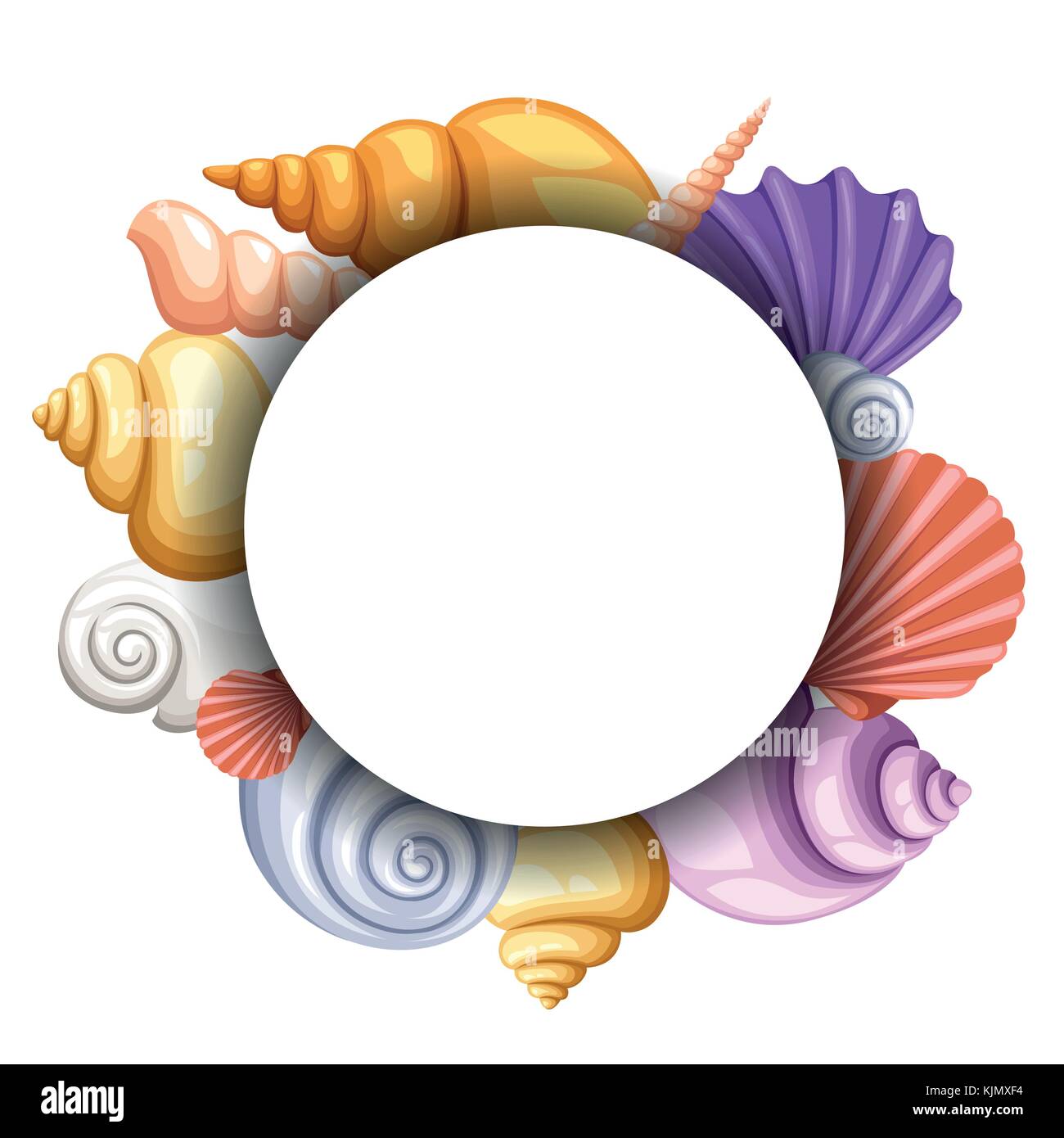 Sea round banner design, colorful seashells concept. Objects in white ...