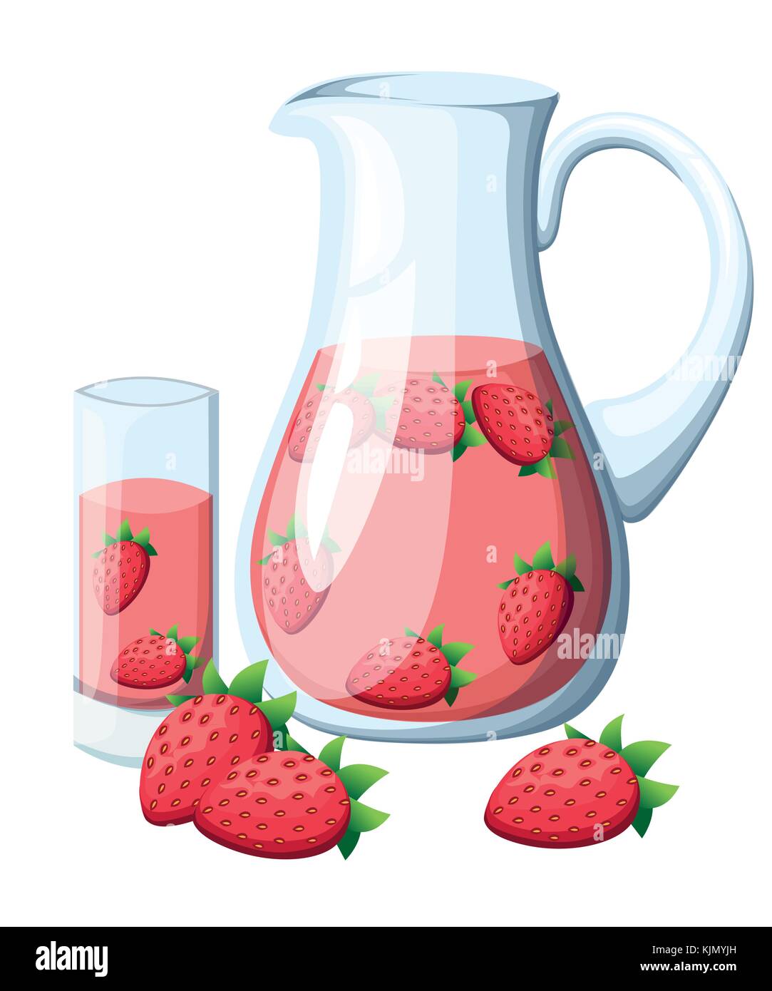 Strawberry fruit drink in the glass pitcher. Strawberry with leaves ...