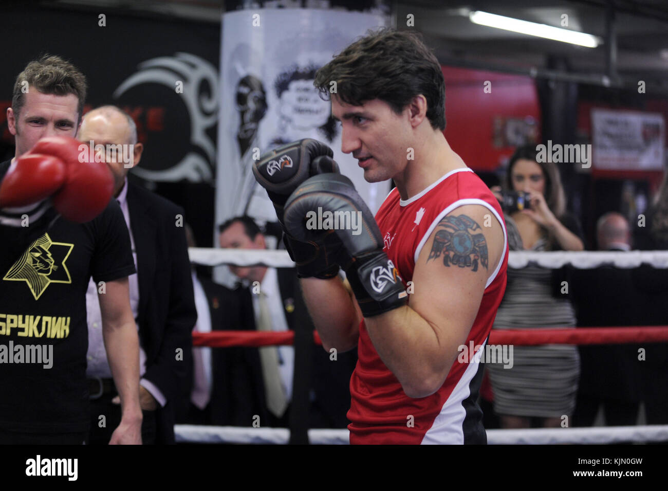 NEW YORK, NY - APRIL 21: Prime Minister of Canada Justin Trudeau boxing ...