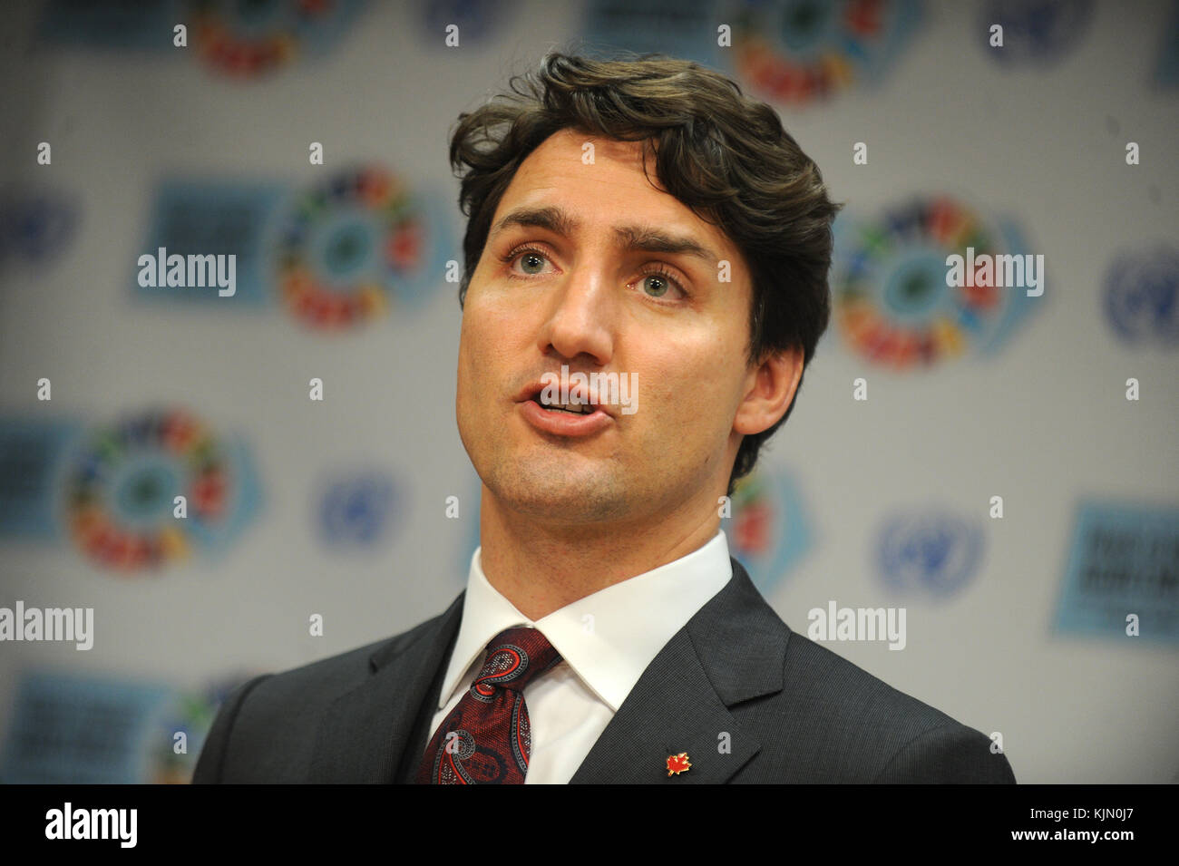 NEW YORK, NY - APRIL 22: Prime Minister of Canada Justin Trudeau speaks ...