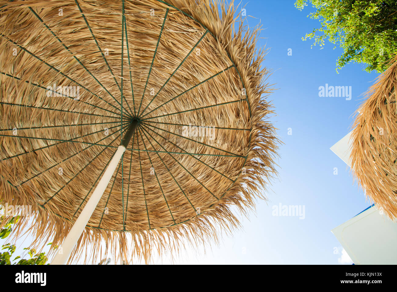Straw parasol and a view of the sky with the sun Stock Photo - Alamy