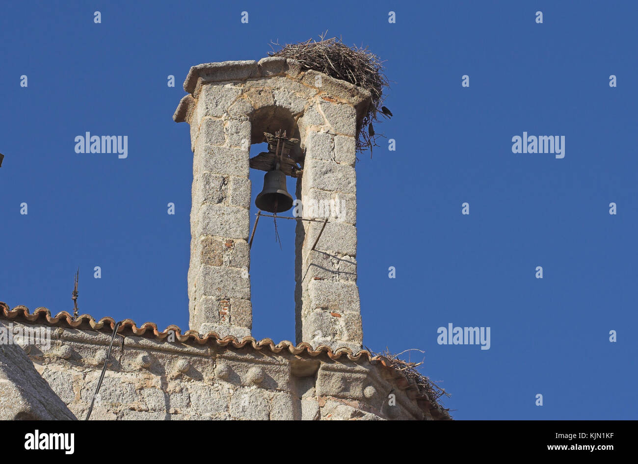 Old european bell tower with stork nest Stock Photo - Alamy