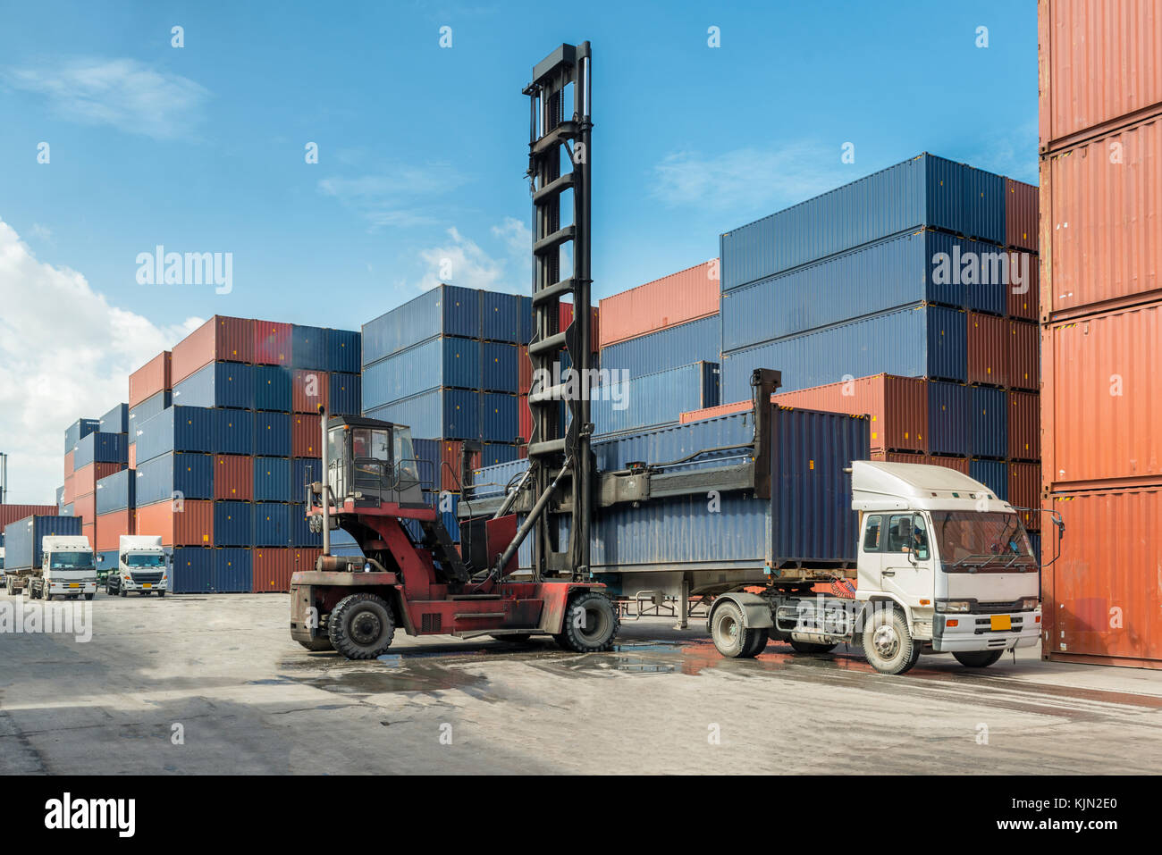 Forklift handling container box loading at docks with truck for ...