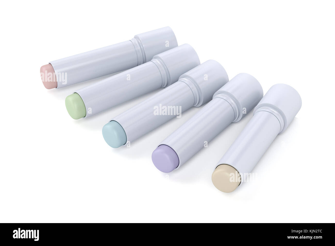 Five different lip balm sticks on white background Stock Photo - Alamy