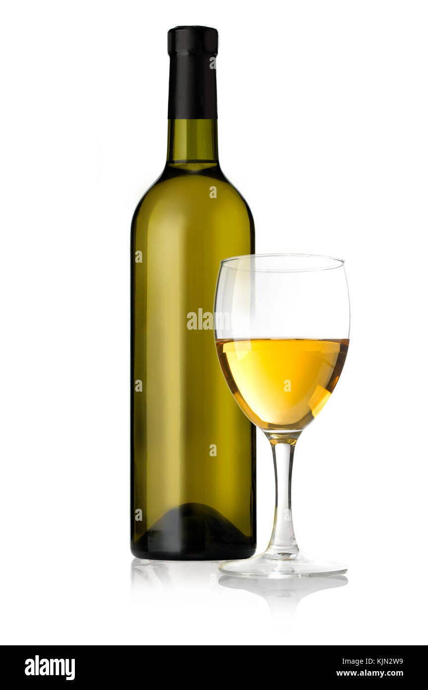 white wine bottles with glass on white background Stock Photo - Alamy