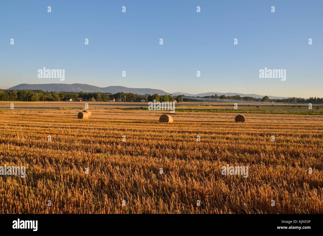 Summer rural landscape. Haystack in a meadow with mountain landscape ...