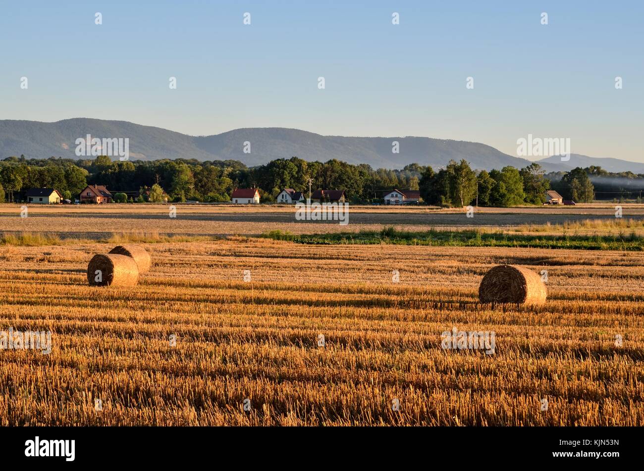 Summer rural landscape. Haystack in a meadow with mountain landscape ...