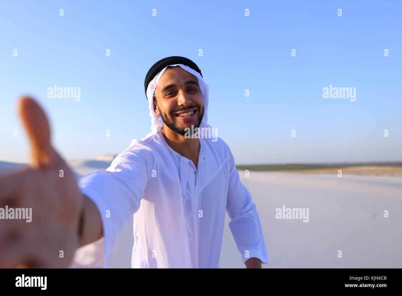 Happy portrait of male Arab who smiles and rejoices life, standi Stock ...