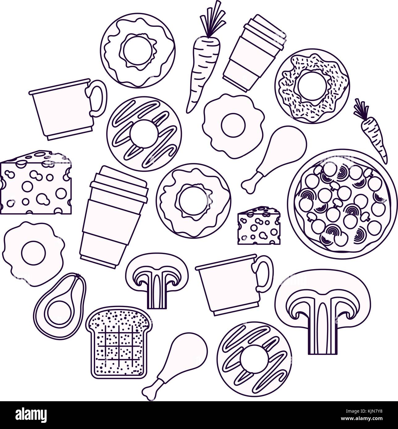 food set in circular shape blue color silhouette in white background ...