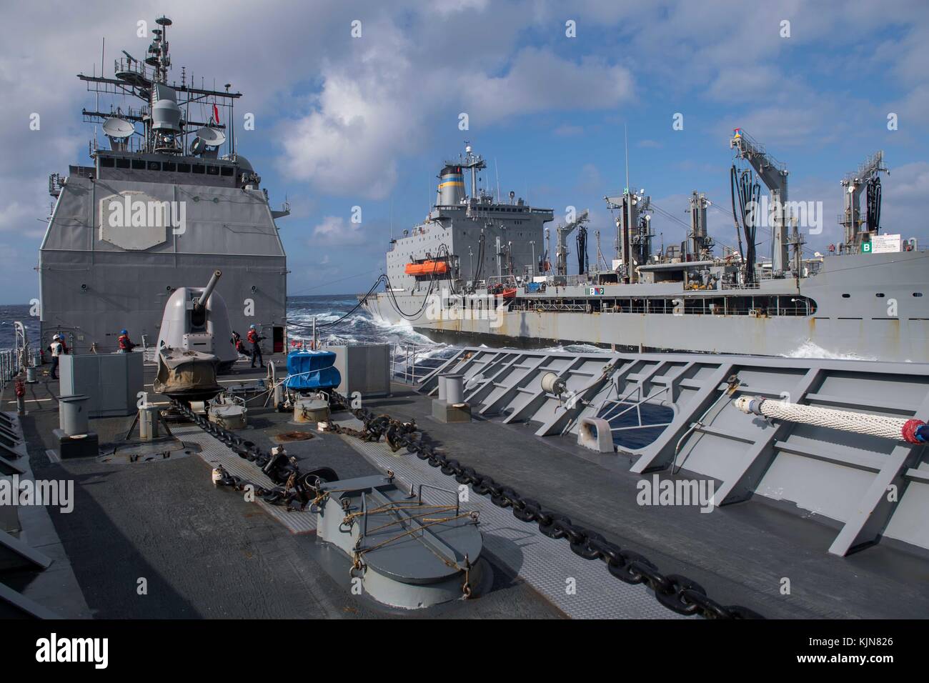 The Ticonderoga-class guided-missile cruiser USS Princeton (CG 59) conducts a replenishment-at ...
