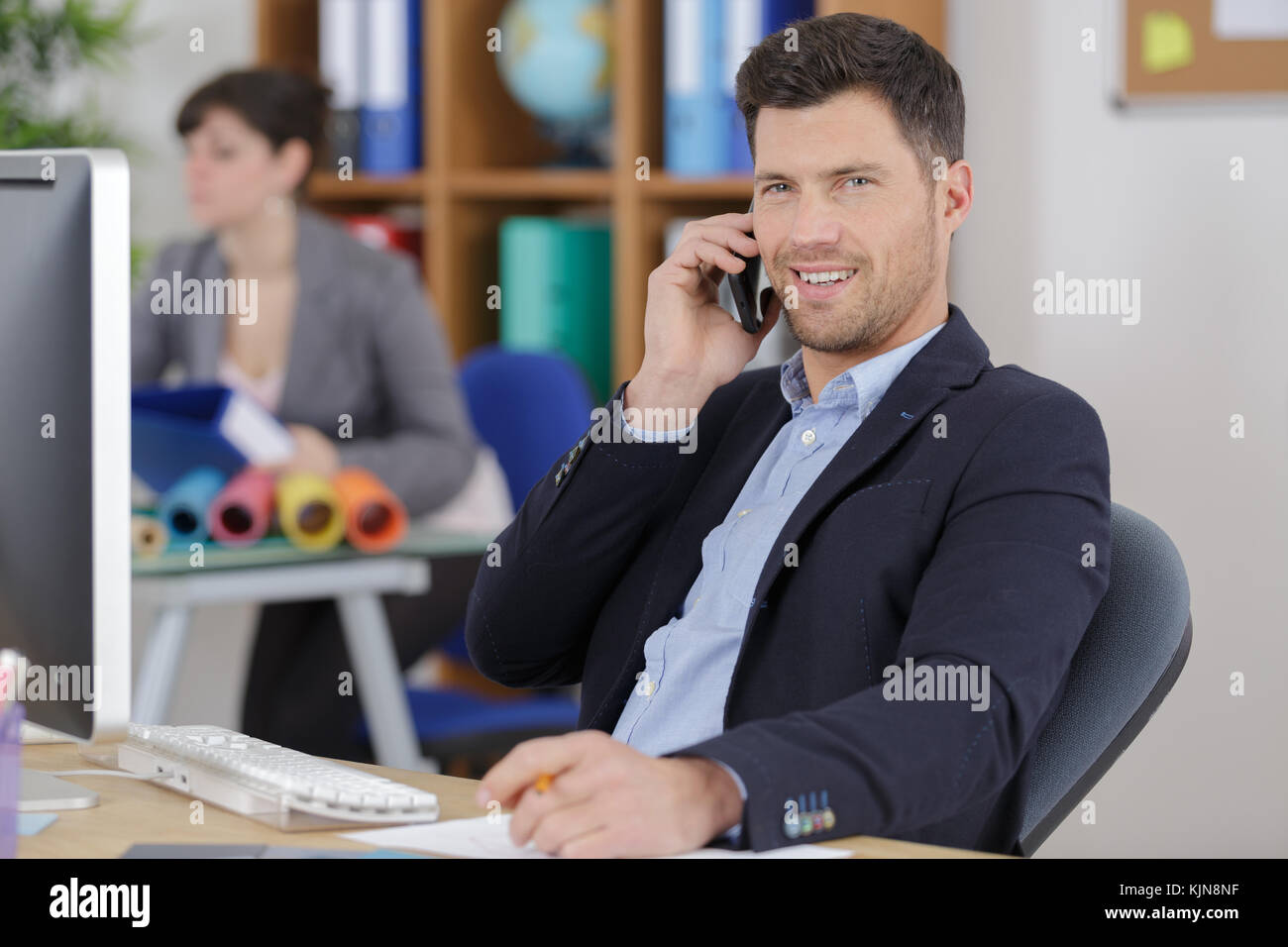 cheerful man using modern technology for communication Stock Photo - Alamy