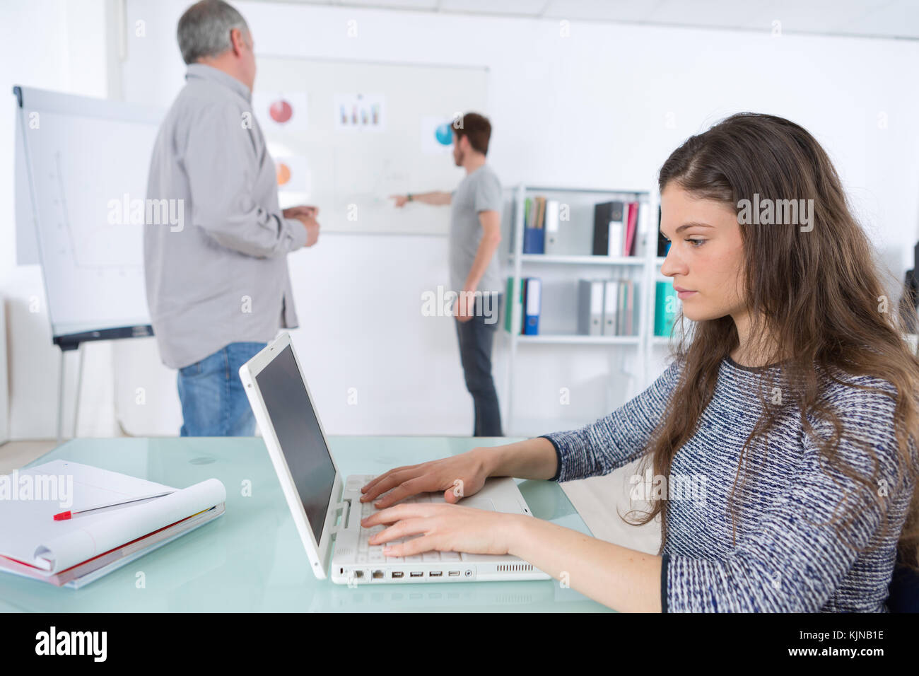attractive girl university student using laptop in classroom Stock ...
