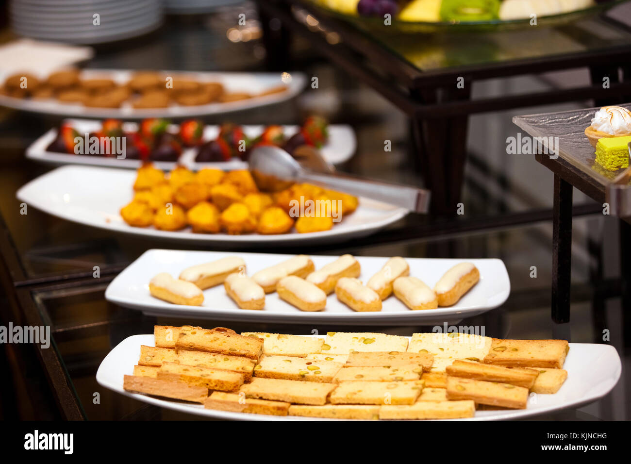 English breakfast in hotel restaurant, snacks and sandwiches on the ...