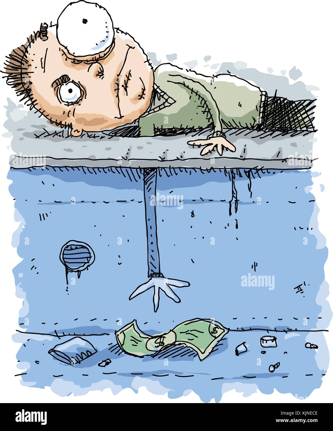 A cartoon man reaching down through a hole on the street to grab some ...