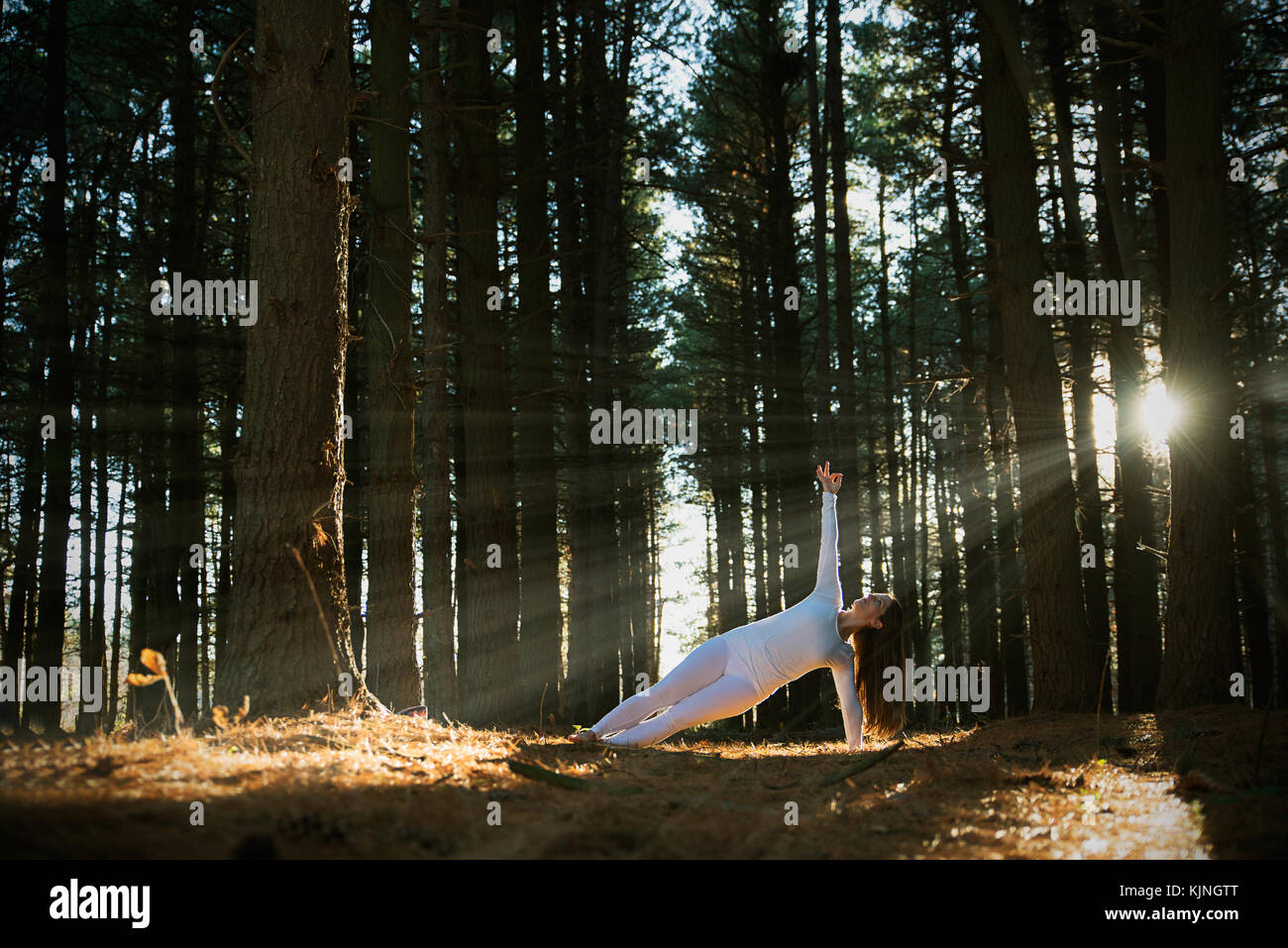 Girl doing yoga in the dense forest Stock Photo - Alamy