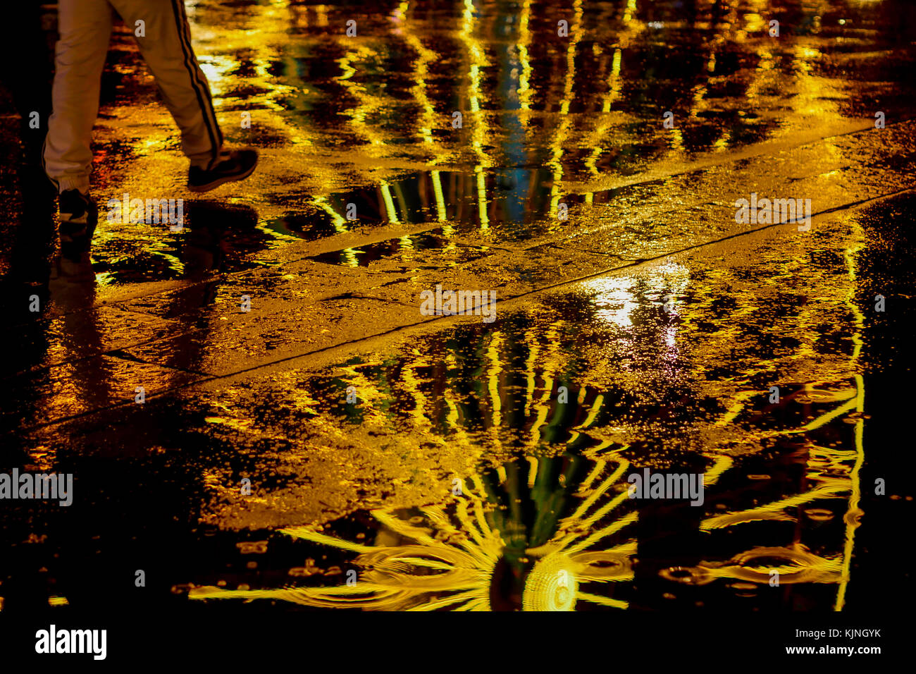 Traditional Ferris Wheel reflects on wet pavement, Lyon, France Stock ...