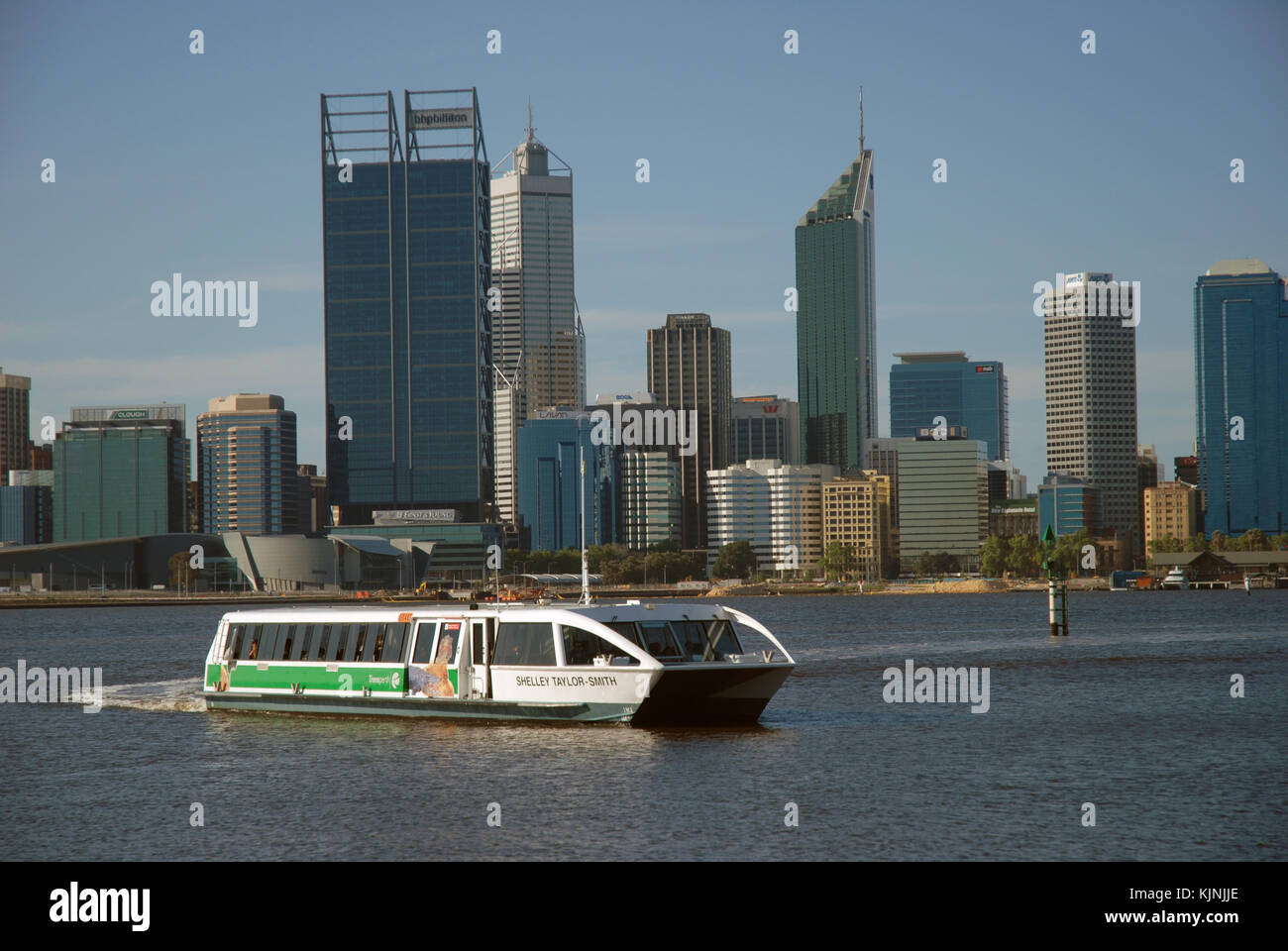 A Swan River ferry arriving at Elizabeth Quay ferry terminal with the ...