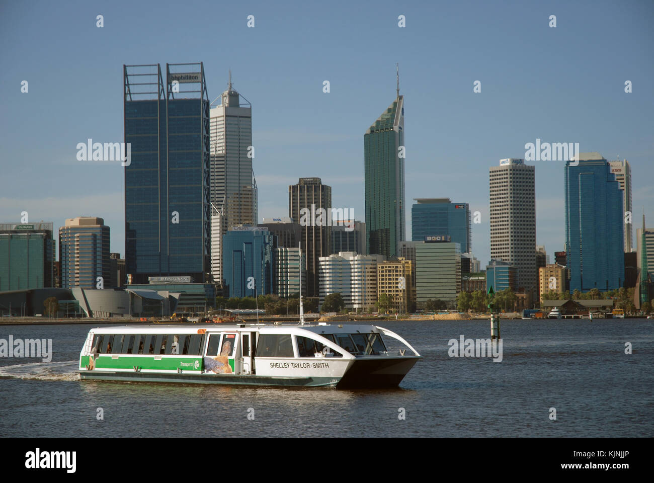 A Swan River ferry arriving at Elizabeth Quay ferry terminal with the ...