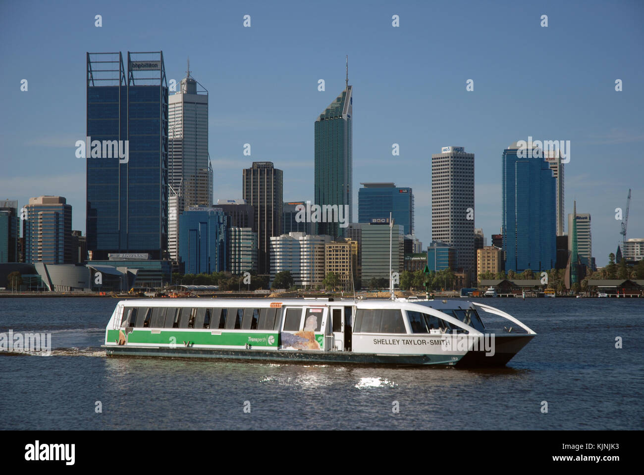 A Swan River ferry arriving at Elizabeth Quay ferry terminal with the ...