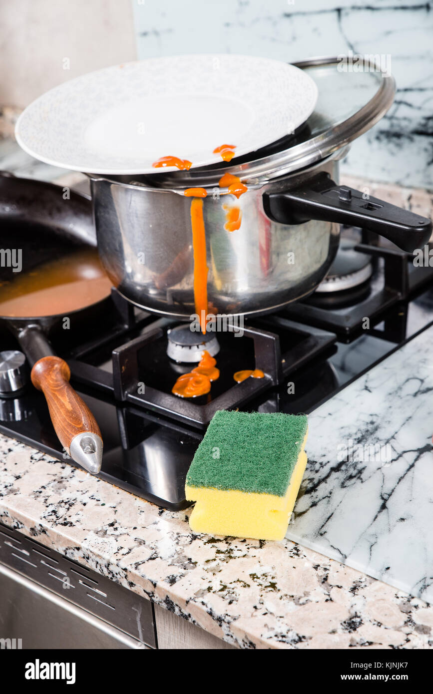 Messy kitchen with dirty cookware, a single lifestyle concept Stock ...