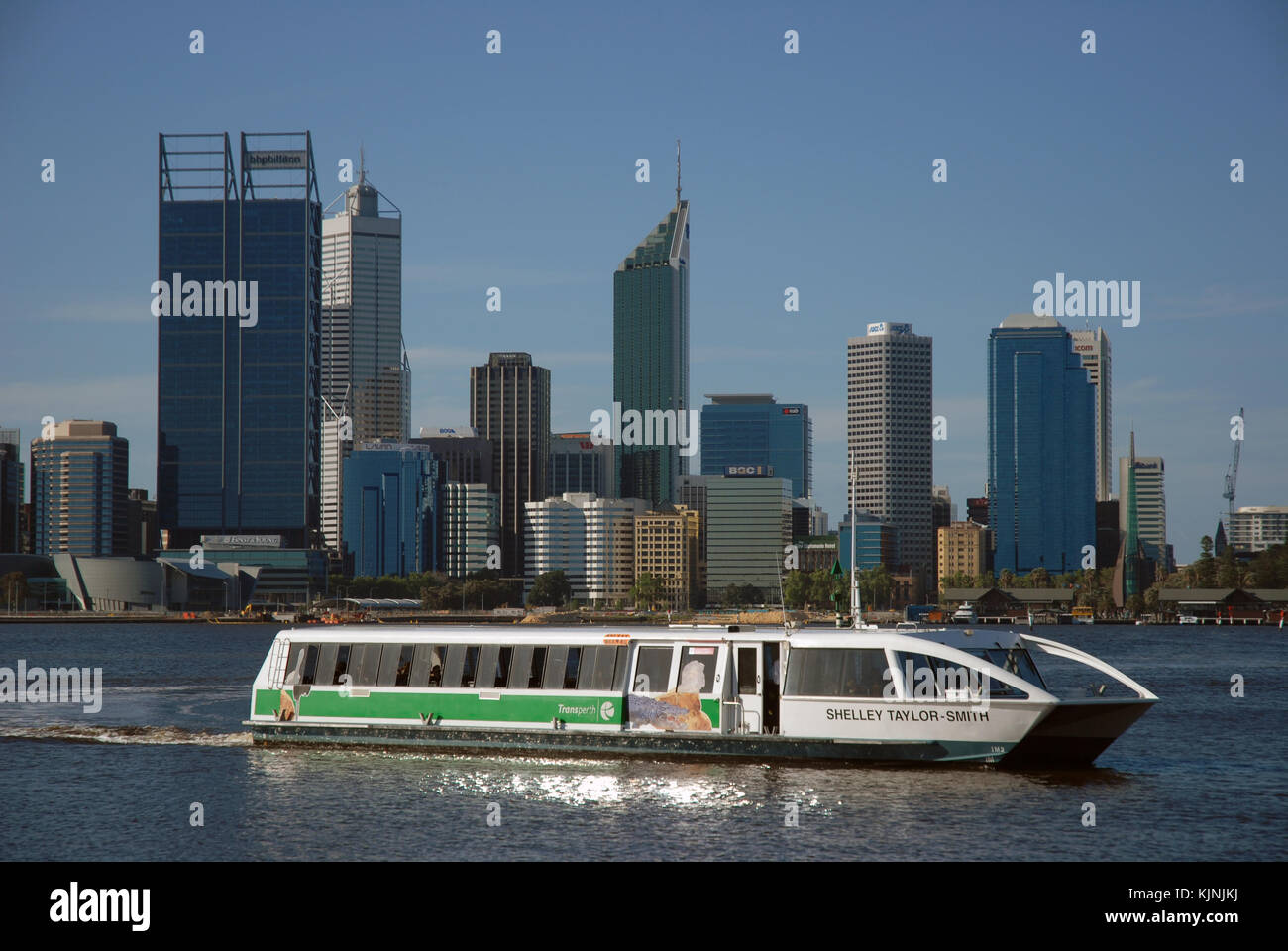 A Swan River ferry arriving at Elizabeth Quay ferry terminal with the ...