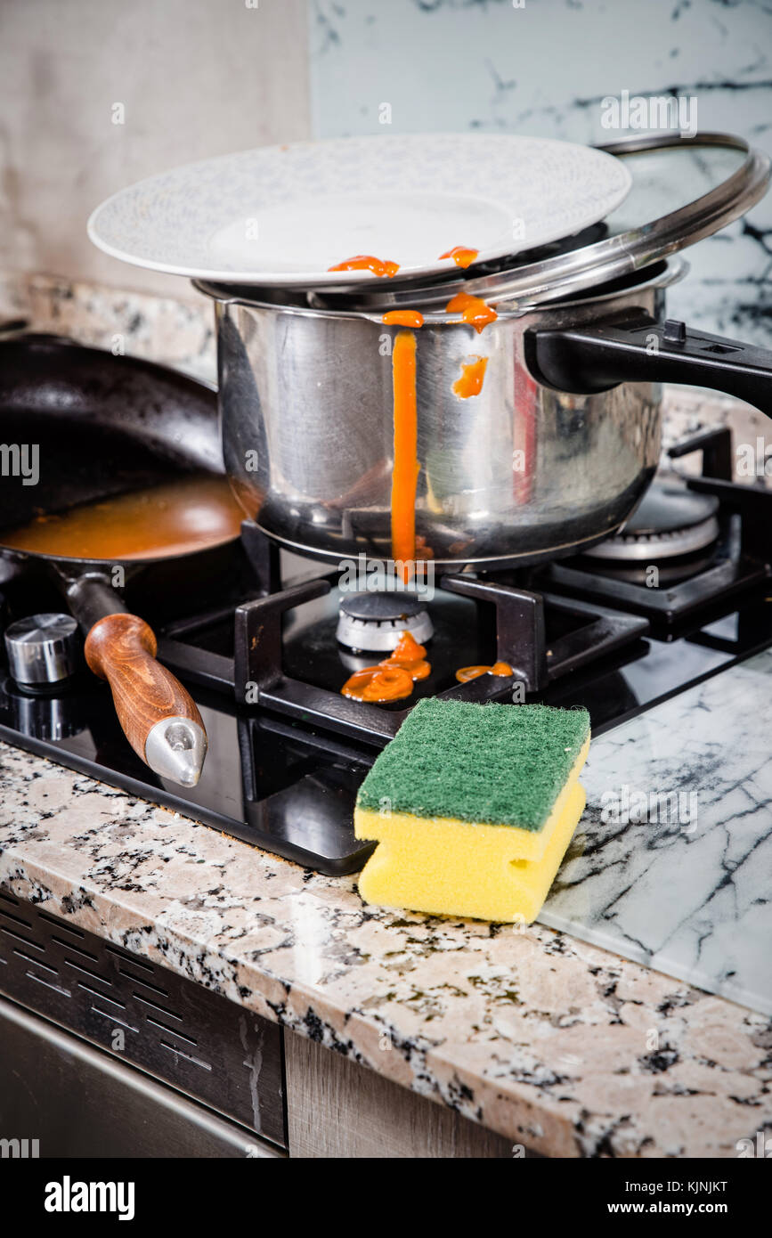 Messy kitchen with dirty cookware, a single lifestyle concept Stock ...