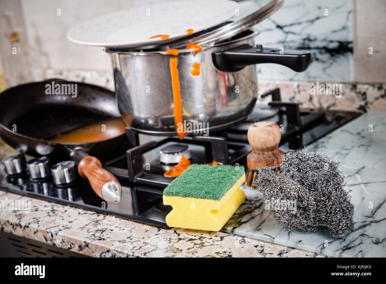 Messy kitchen with dirty cookware, a single lifestyle concept Stock ...