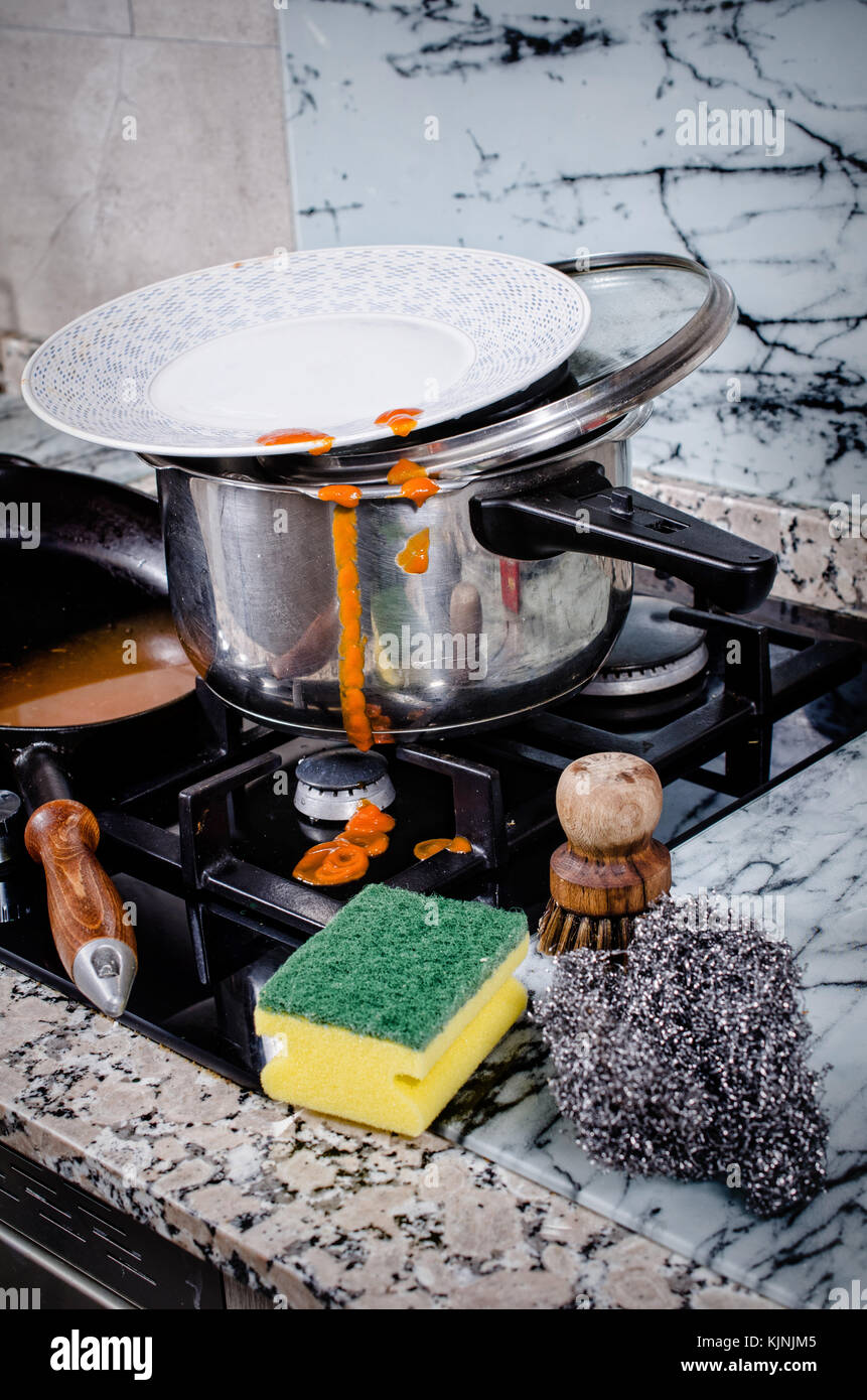 Messy kitchen with dirty cookware, a single lifestyle concept Stock ...