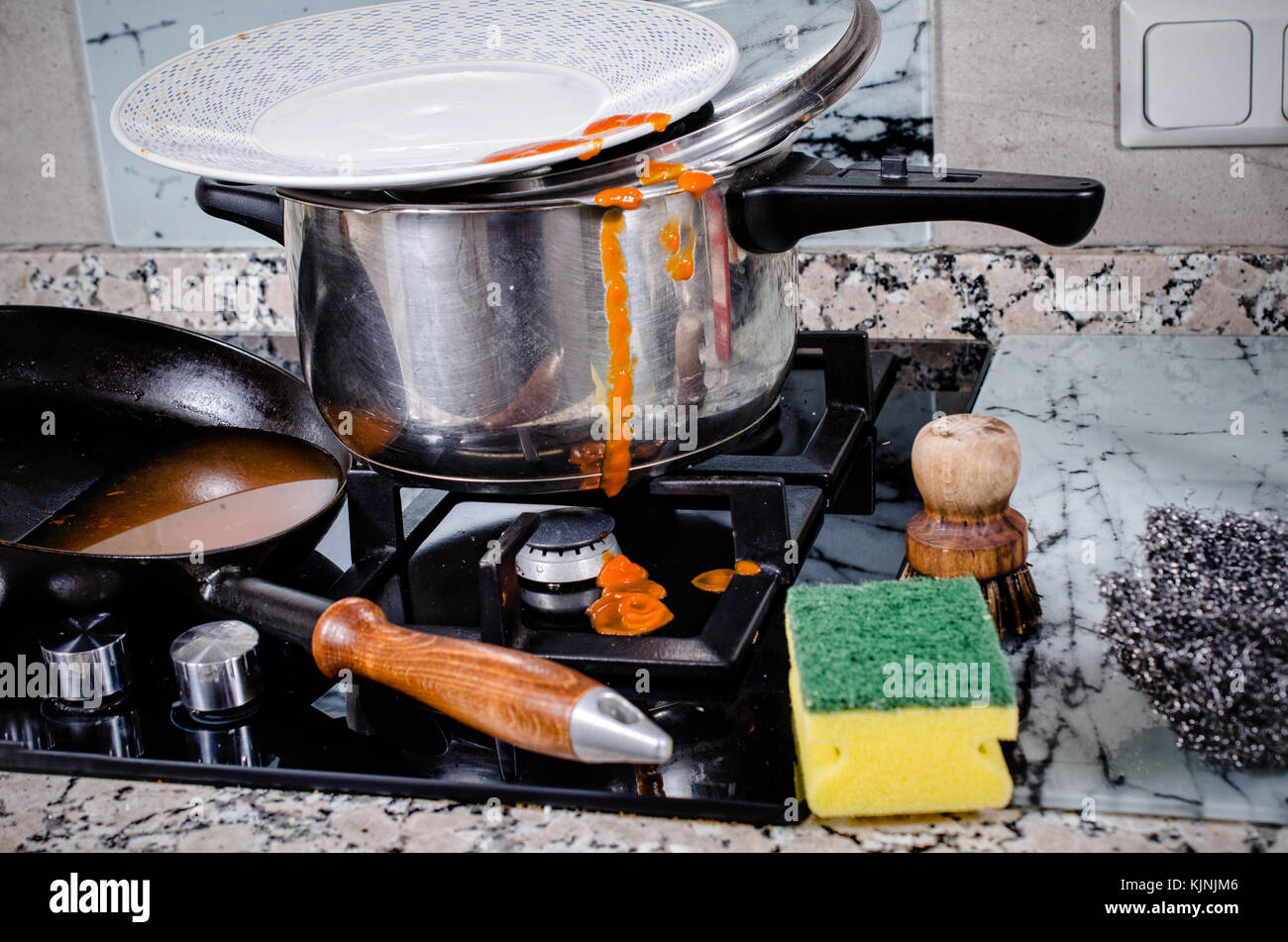 Messy kitchen with dirty cookware, a single lifestyle concept Stock ...