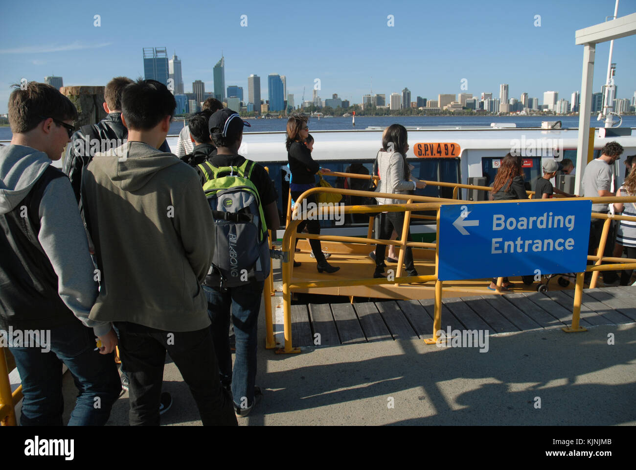 Passengers boarding a Swan River ferry at Elizabeth Quay ferry terminal ...