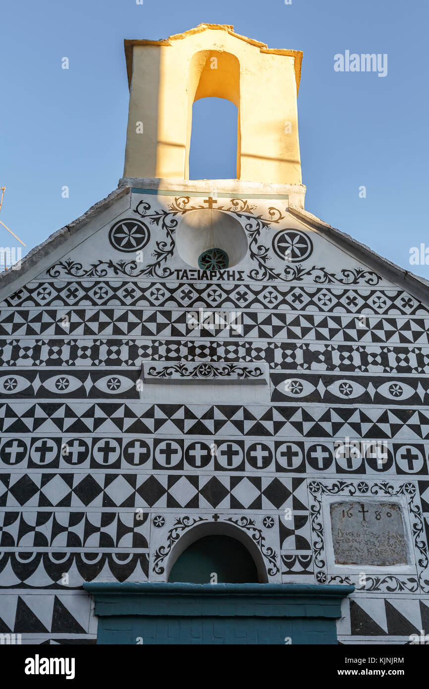 Traditionally decorated facade of a church in Pyrgi village on Chios ...