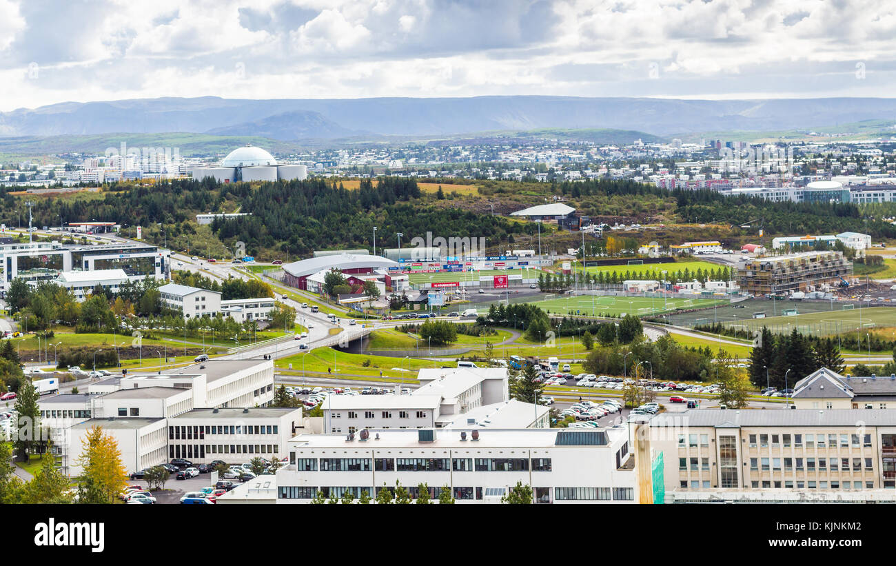 REYKJAVIC, ICELAND - SEPTEMBER 5, 2017: above view of neighborhood of ...