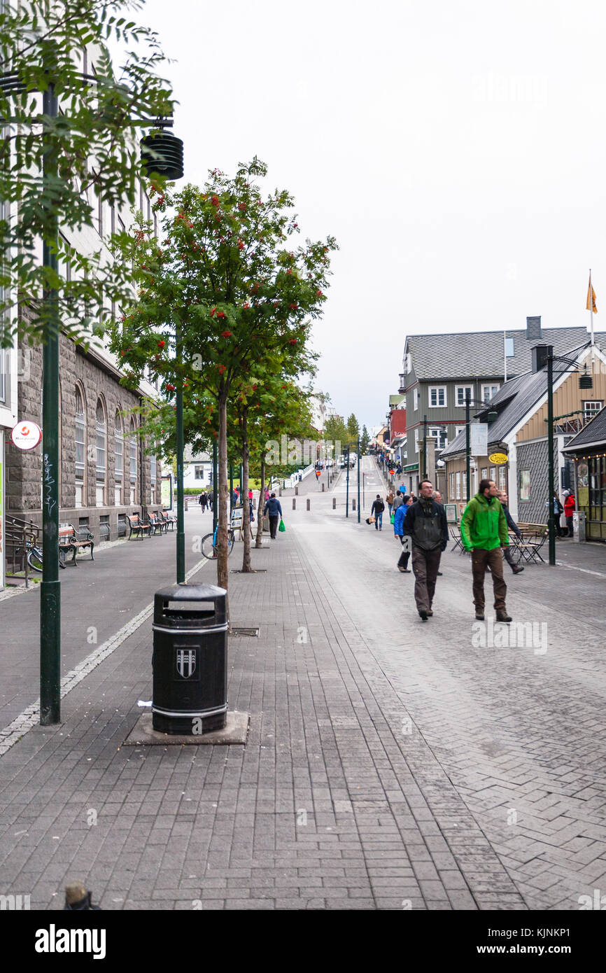 REYKJAVIC, ICELAND - SEPTEMBER 6, 2017: people walk on Austurstraeti ...