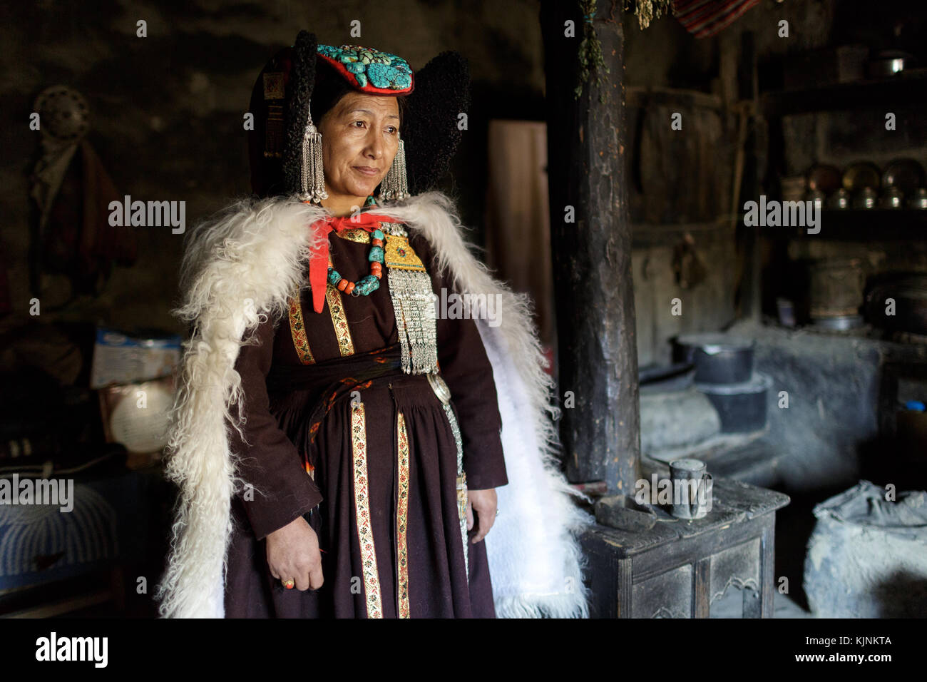 A local woman wearing traditional clothes, Leh, Ladakh, Jammu and ...