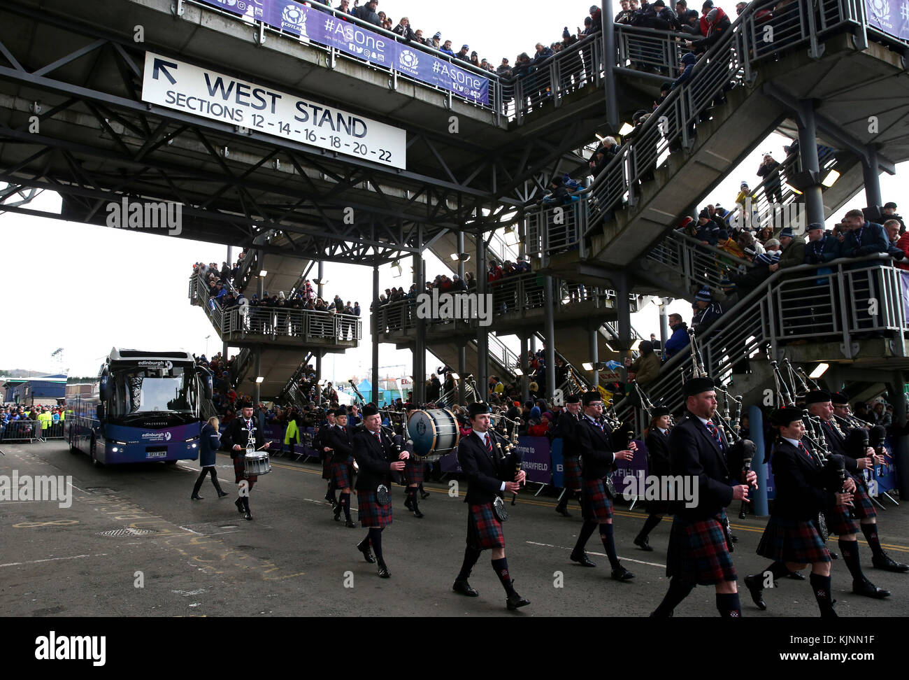 The Scotland team bus is lead in to the ground by pipers prior to the ...