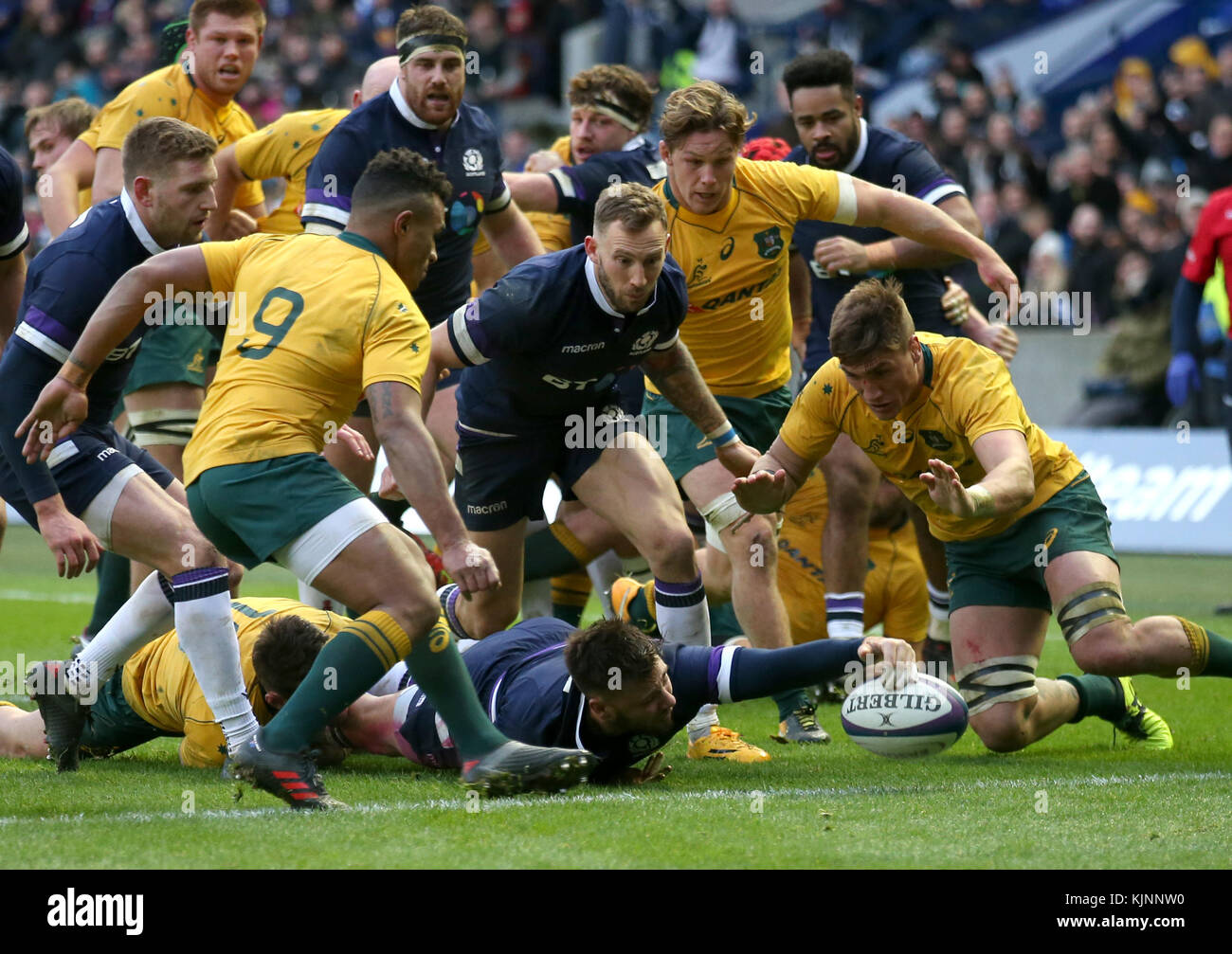 Scotland's Ali Price dives in to score his sides second try during the ...