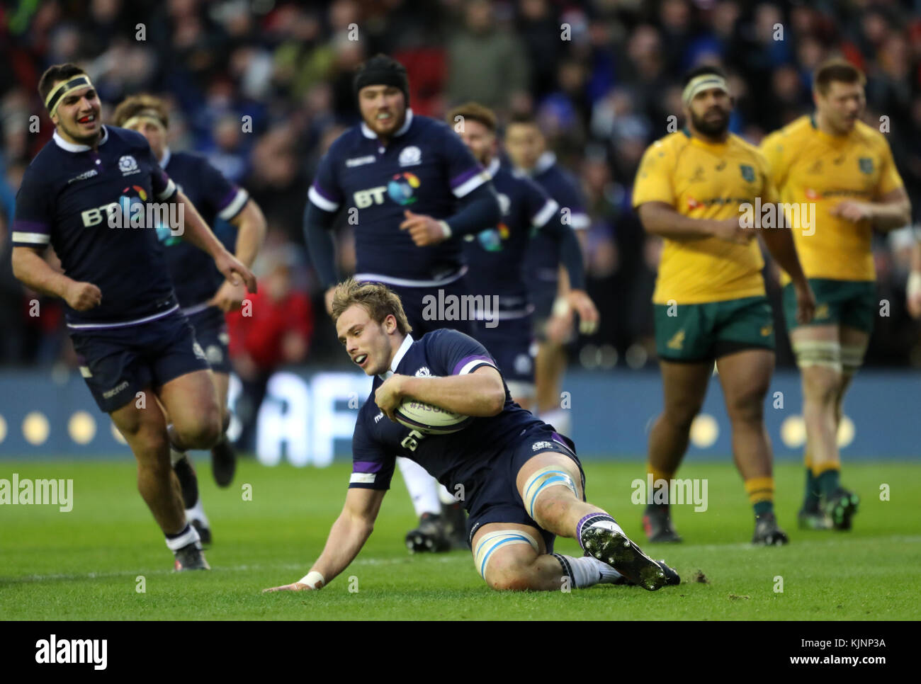 Scotland's Jonny Gray scores his sides fourth try during the Autumn ...