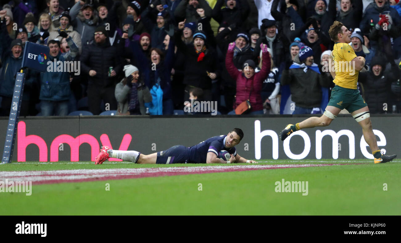 Scotland's Sean Maitland dives in score his sides fifth try during the ...