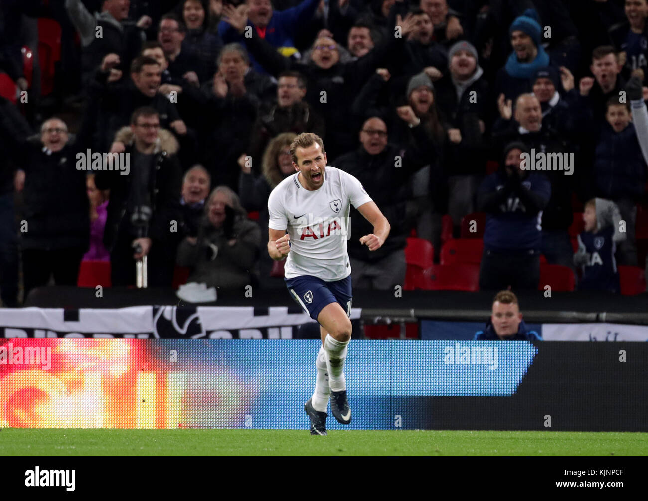Tottenham Hotspur's Harry Kane celebrates scoring his side's first goal ...