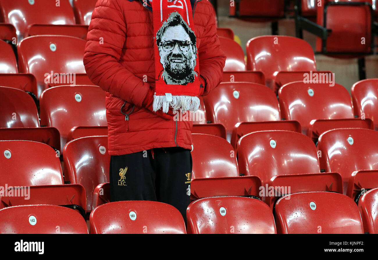 A Liverpool fan in the stands before the Premier League match at ...