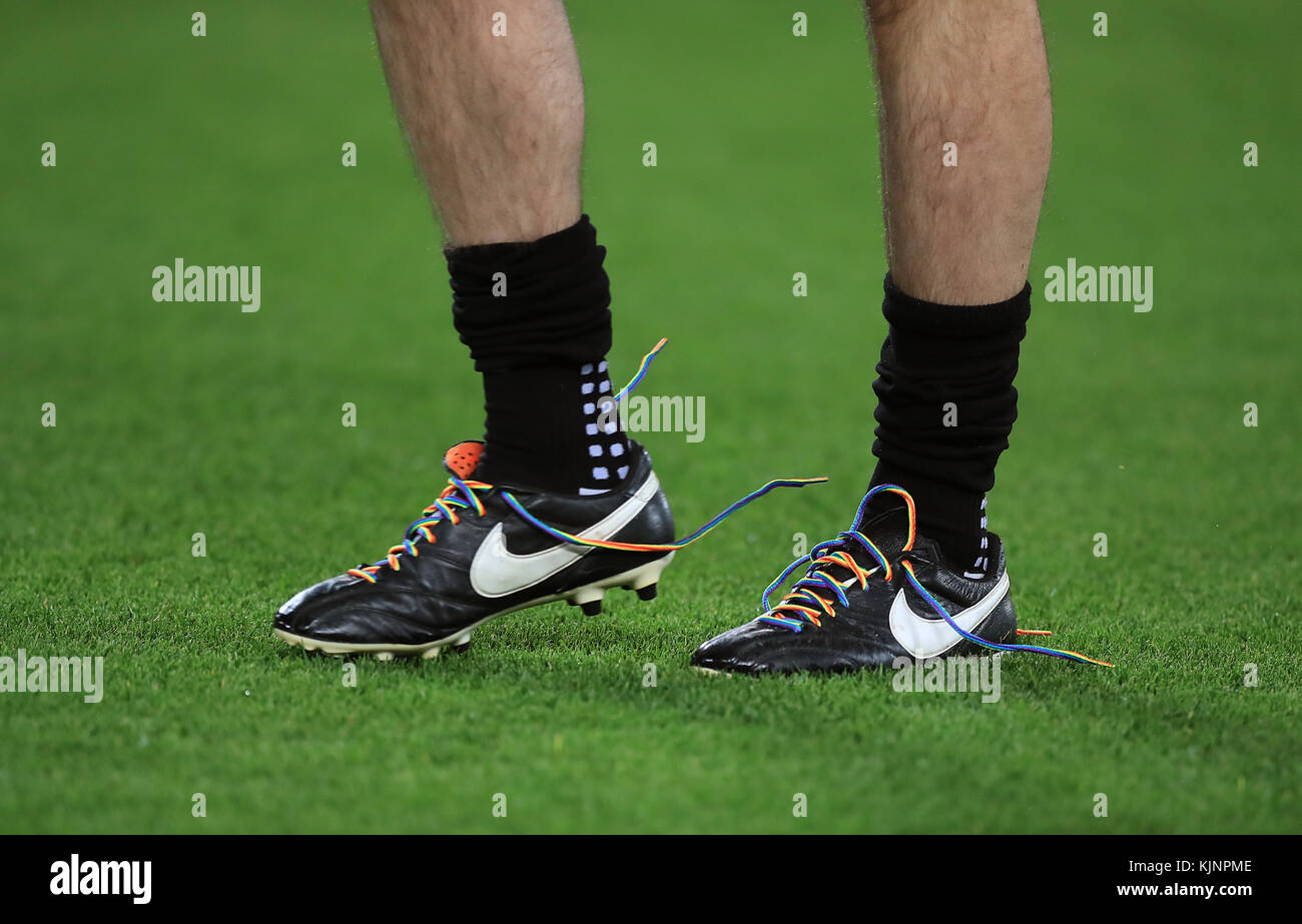 Match referee Michael Oliver wearing rainbow laces to support the ...
