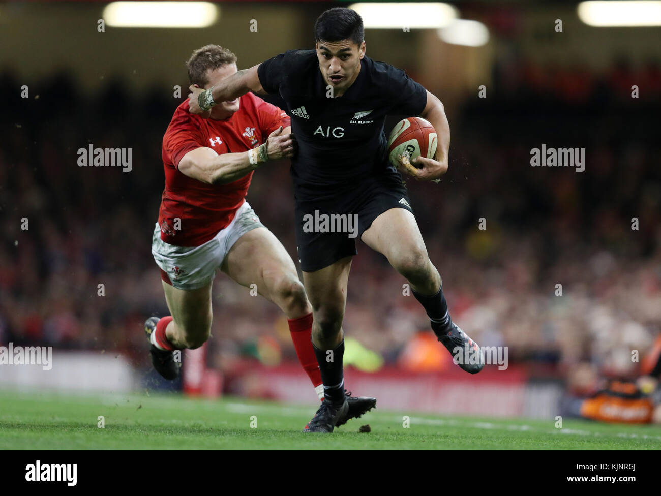 New Zealand's Rieko Ioane gets away from Wales' Hallam Amos during the ...