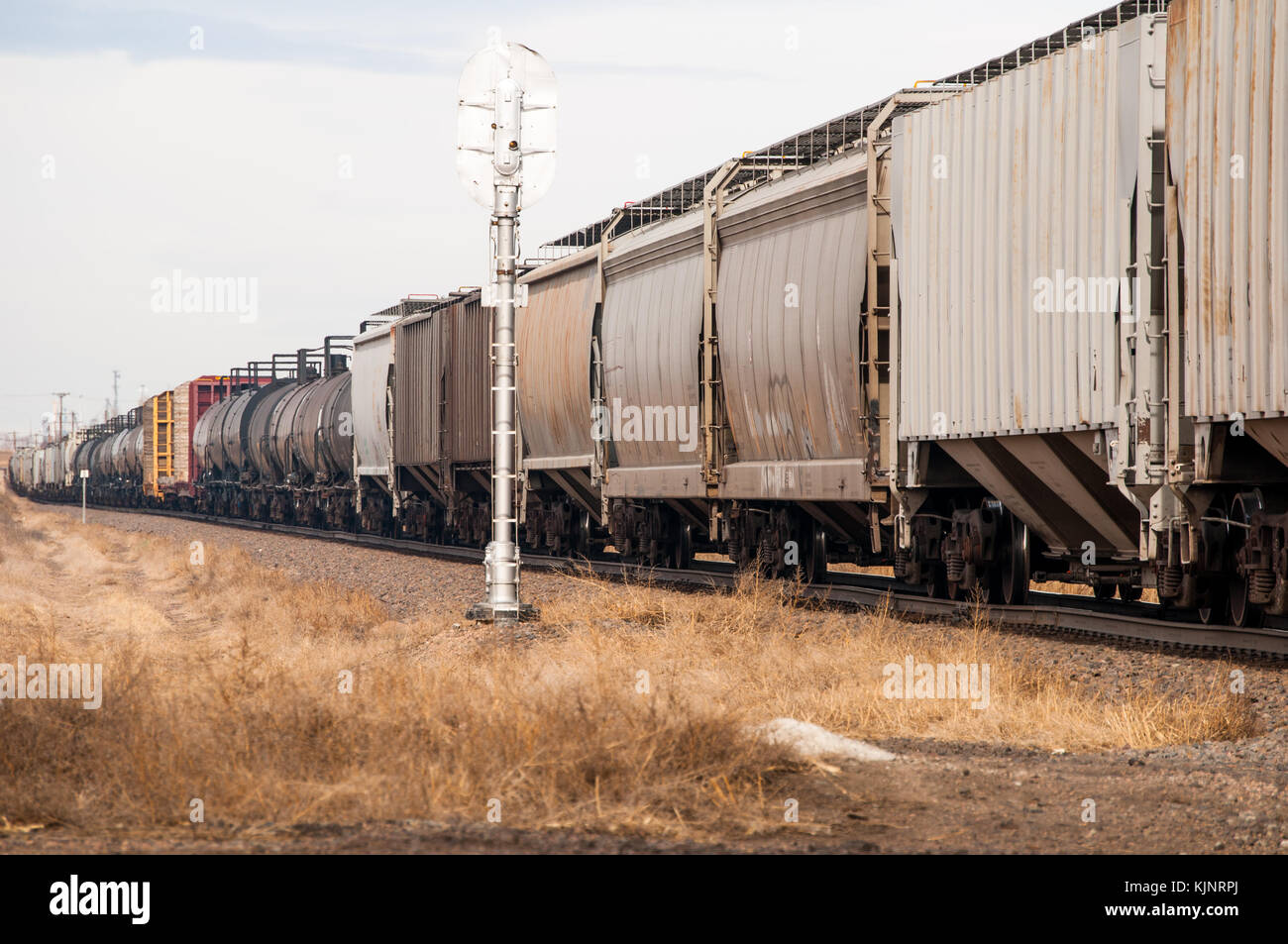 Early morning train in rural Colorado, USA passing a railroad signal ...
