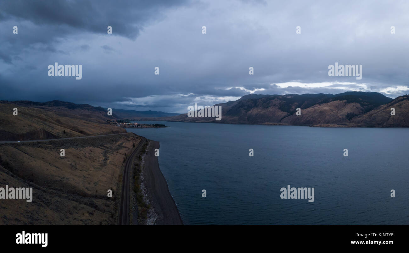 Aerial drone panoramic view of a scenic landscape during a dramatic ...