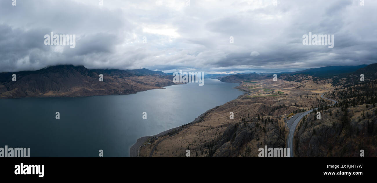 Aerial drone panoramic view of a scenic landscape during a dramatic ...
