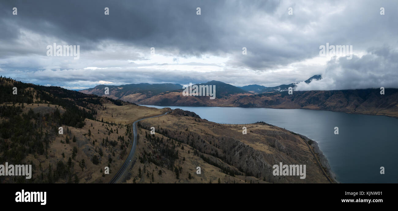 Aerial drone panoramic view of a scenic landscape during a dramatic ...