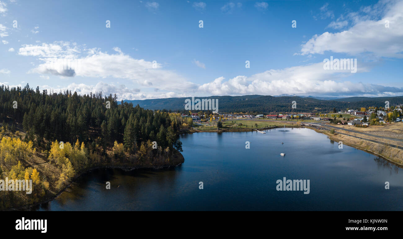 Aerial drone panoramic view of a small town, Logan Lake, in the ...