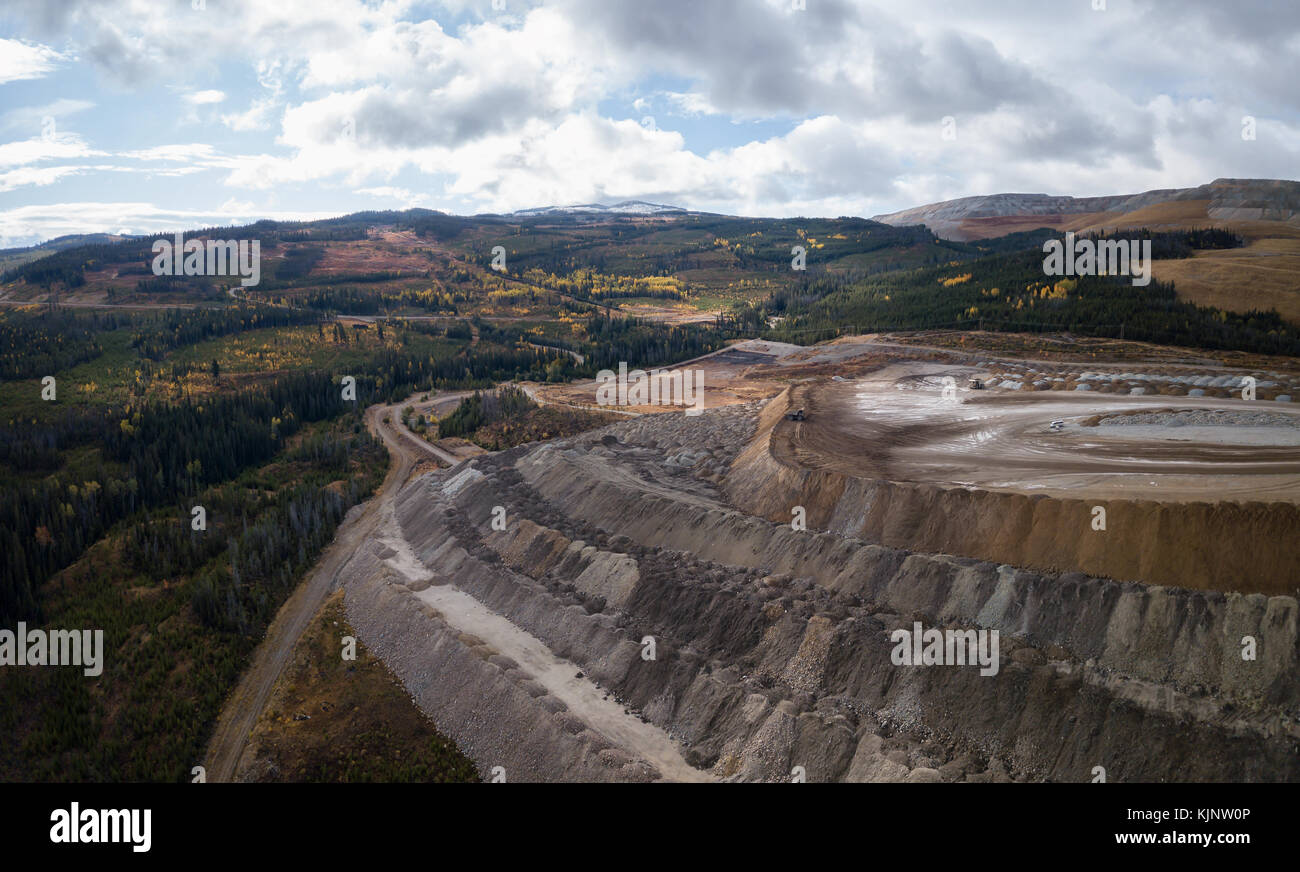 Aerial panoramic view of a copper mine in the interior of British ...