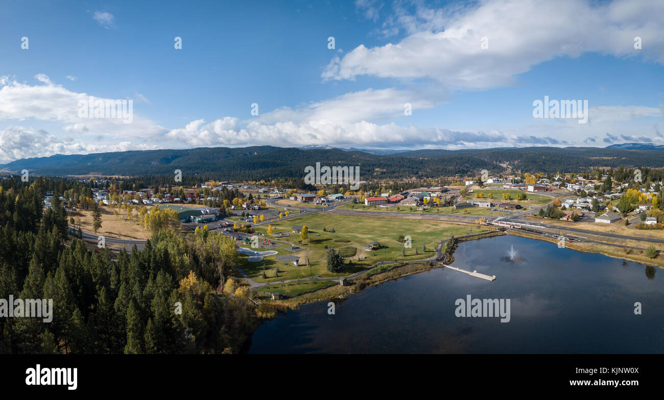 Aerial drone panoramic view of a small town, Logan Lake, in the ...
