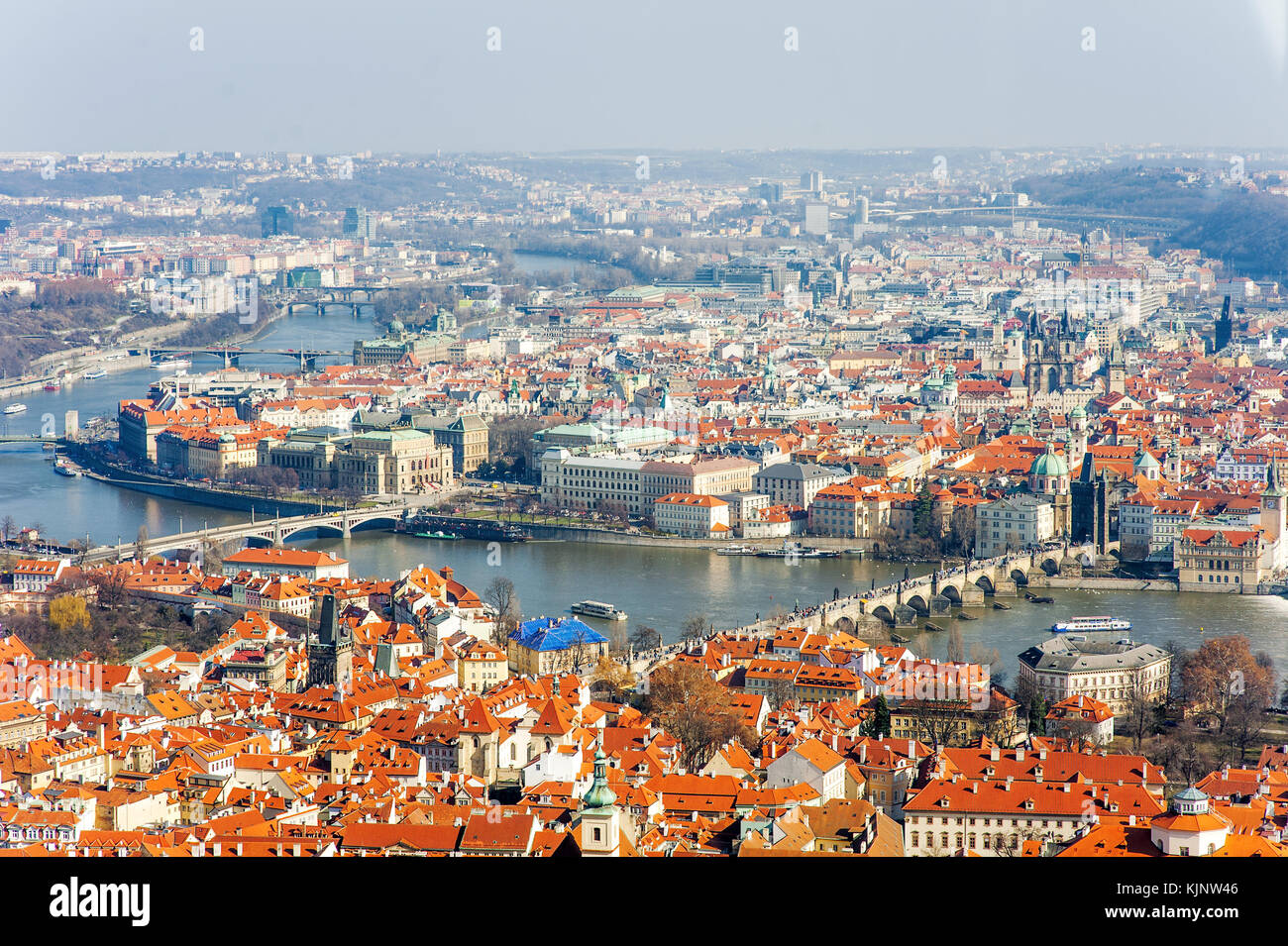 Prague scenic panoramic aerial view of the cityscape with Vltava river ...